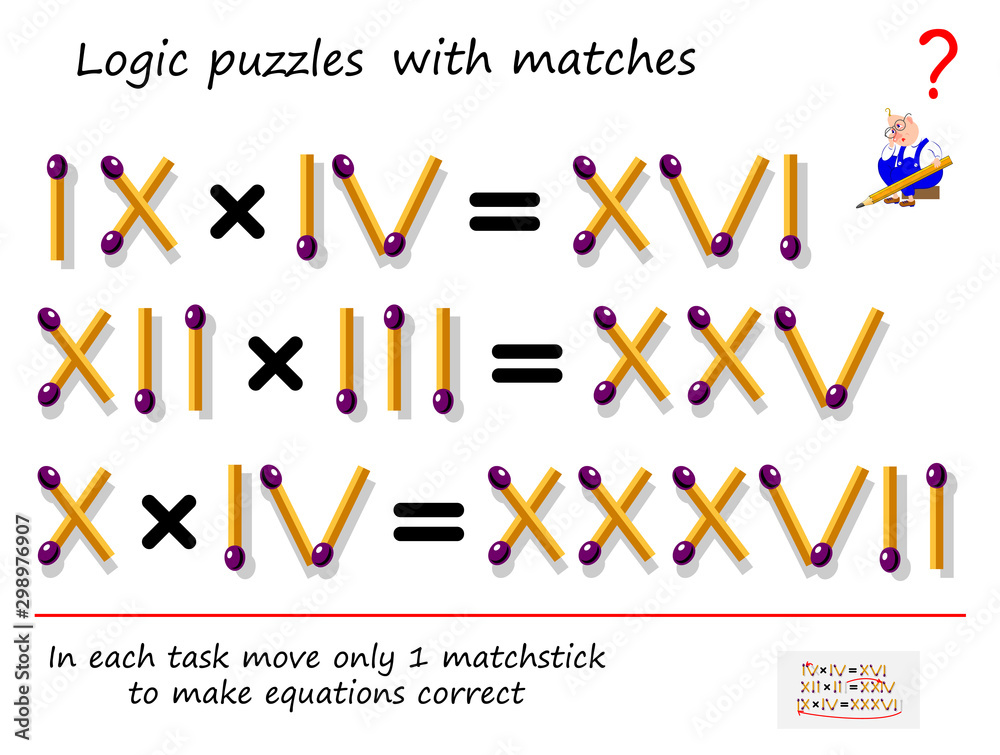 Logical puzzle game with matches. In each task move only 1 matchstick ...