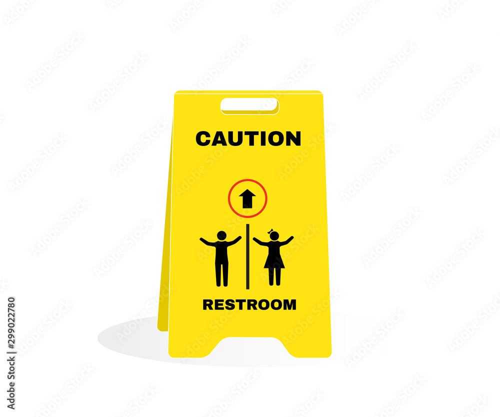 Yellow caution plastic plate with message RESTROOM. Accident Prevention ...