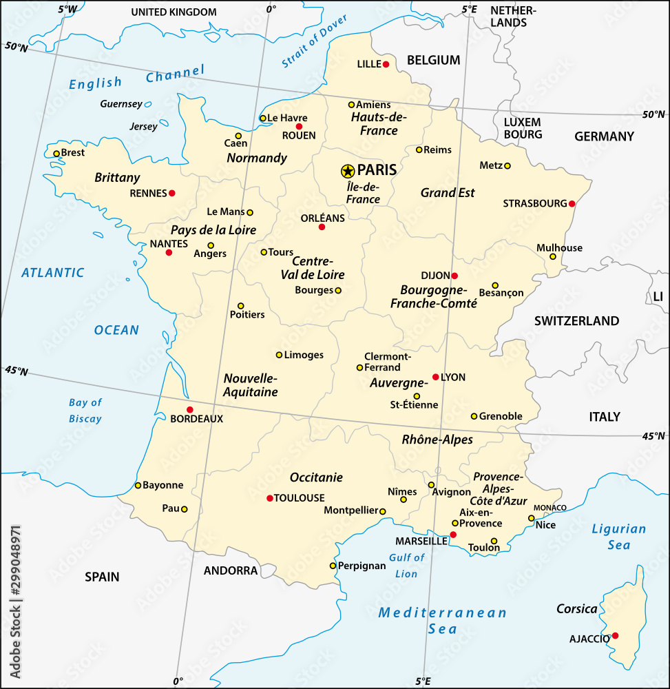 administrative map of France with latitude and longitude Stock Vector ...