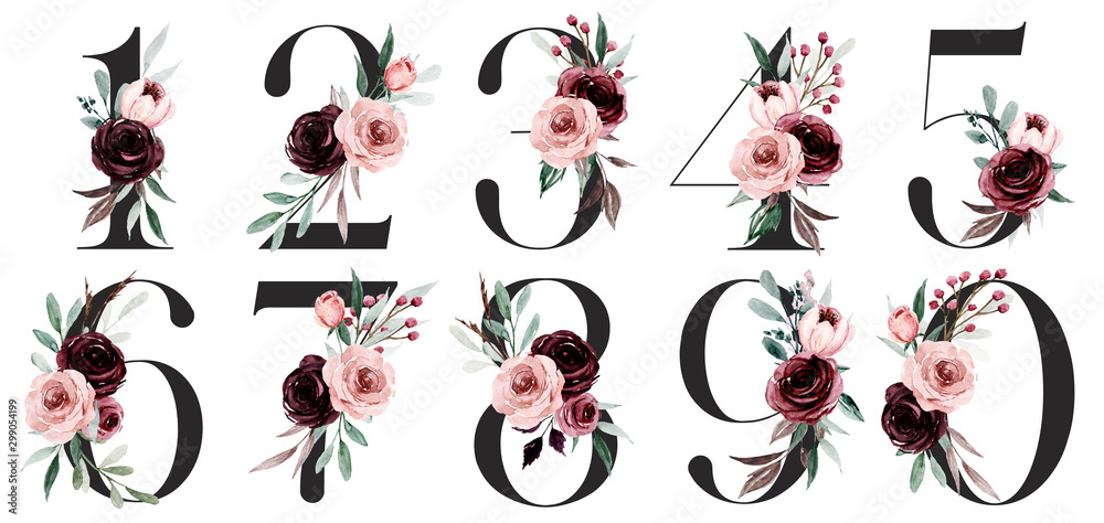 Numbers set with watercolor flowers roses hand painting. Perfectly for ...
