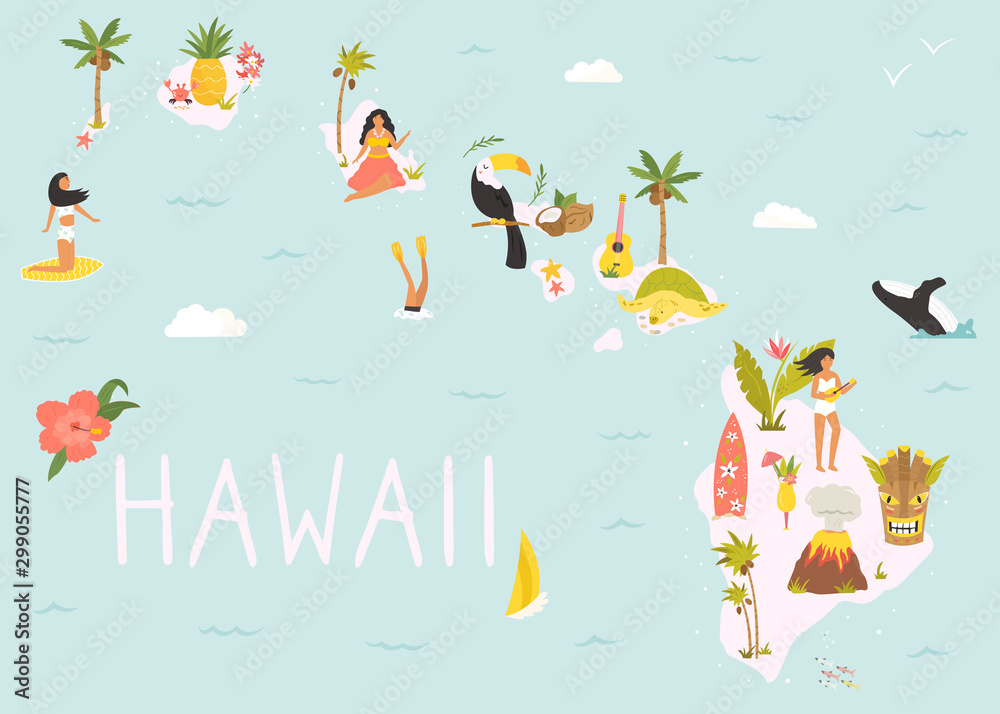 Hawaiian map with icons, characters and symbols. Stock Vector | Adobe Stock
