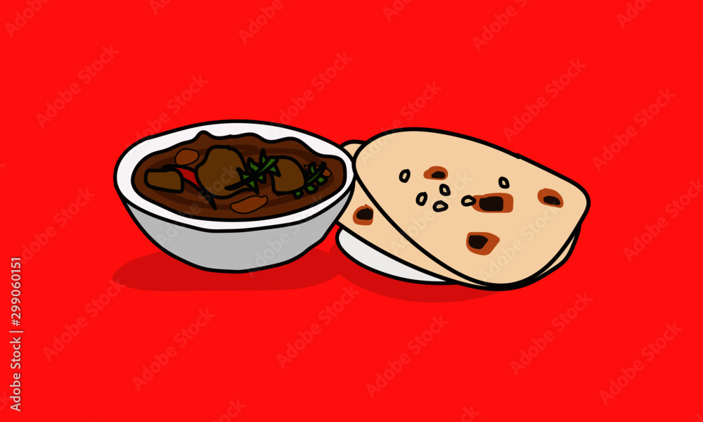 Mutton Curry and Naan Bread Vector Hand Drawn Illustration Stock Vector ...