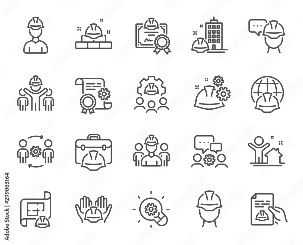 Engineering line icons. Teamwork, People and Technical documentation. Blueprint with gear ...