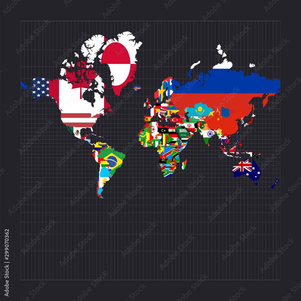 World map with flags. Spherical Mercator projection. Map of the world ...