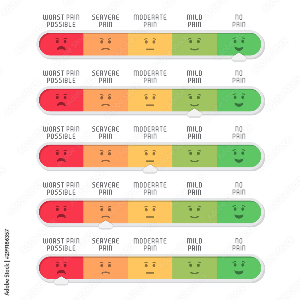 Set of pain scale chart with smiles icons. Measure pain level Stock ...
