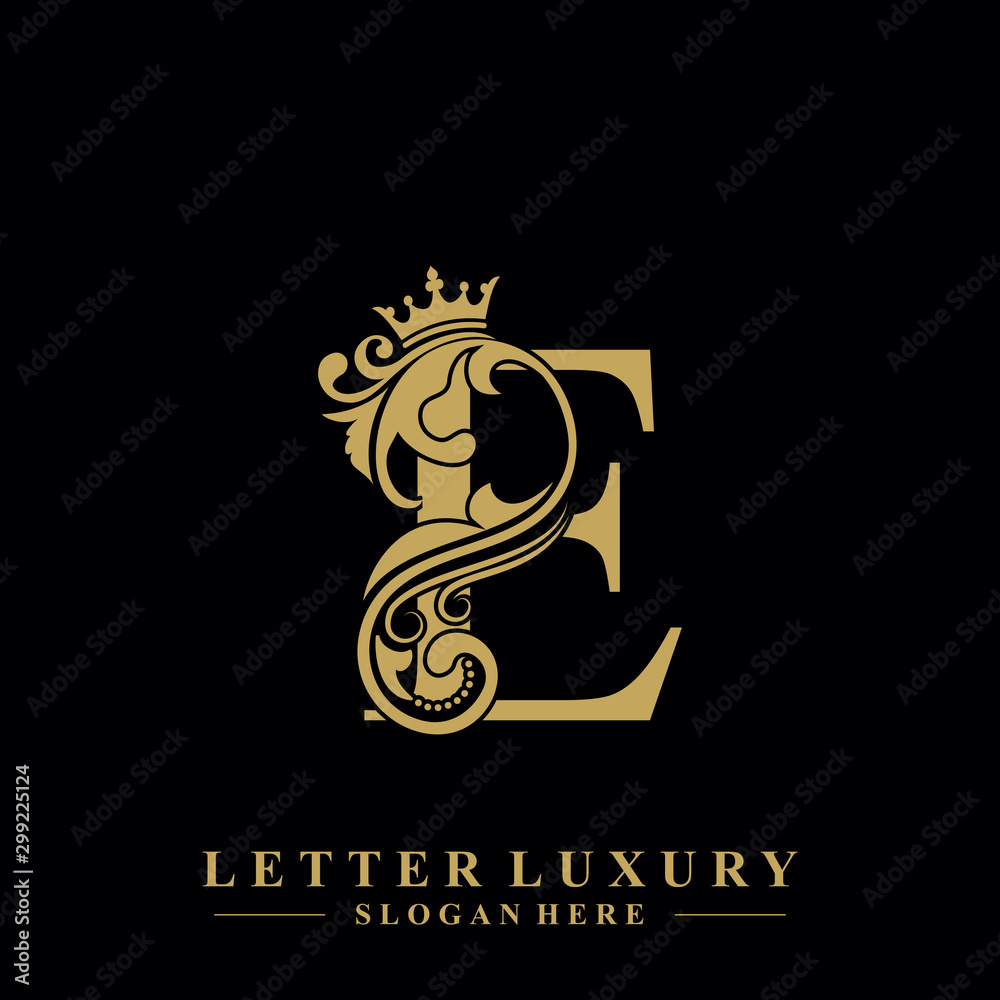Initial letter E luxury beauty flourishes ornament with crown logo ...