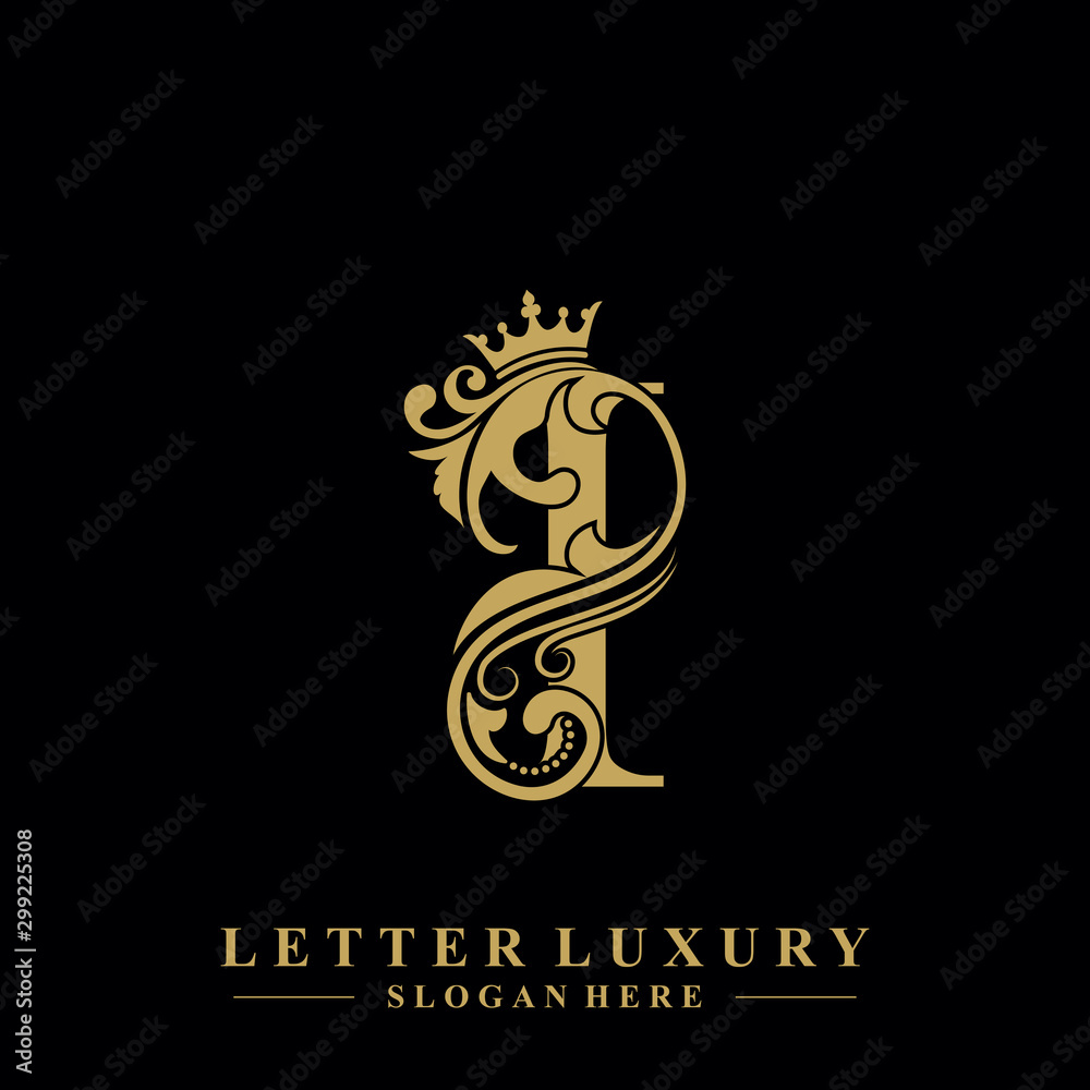 Initial letter I luxury beauty flourishes ornament with crown logo ...