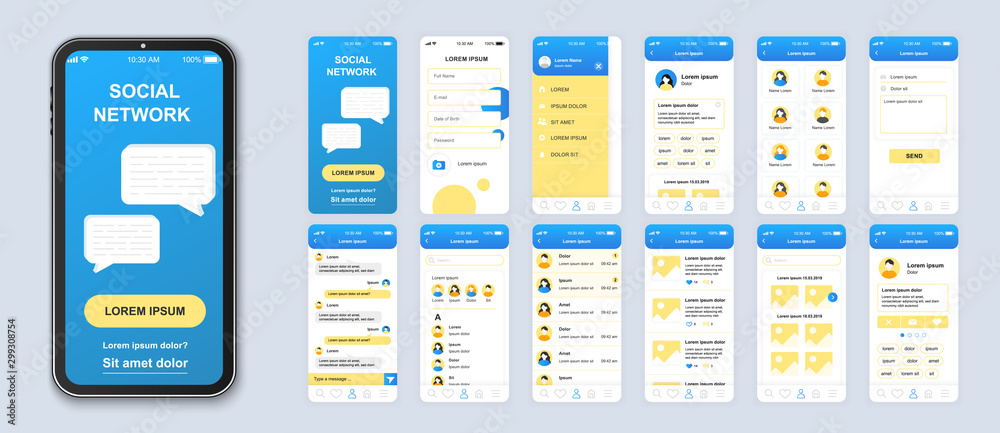 Social network mobile app interface design vector templates set. Online ...