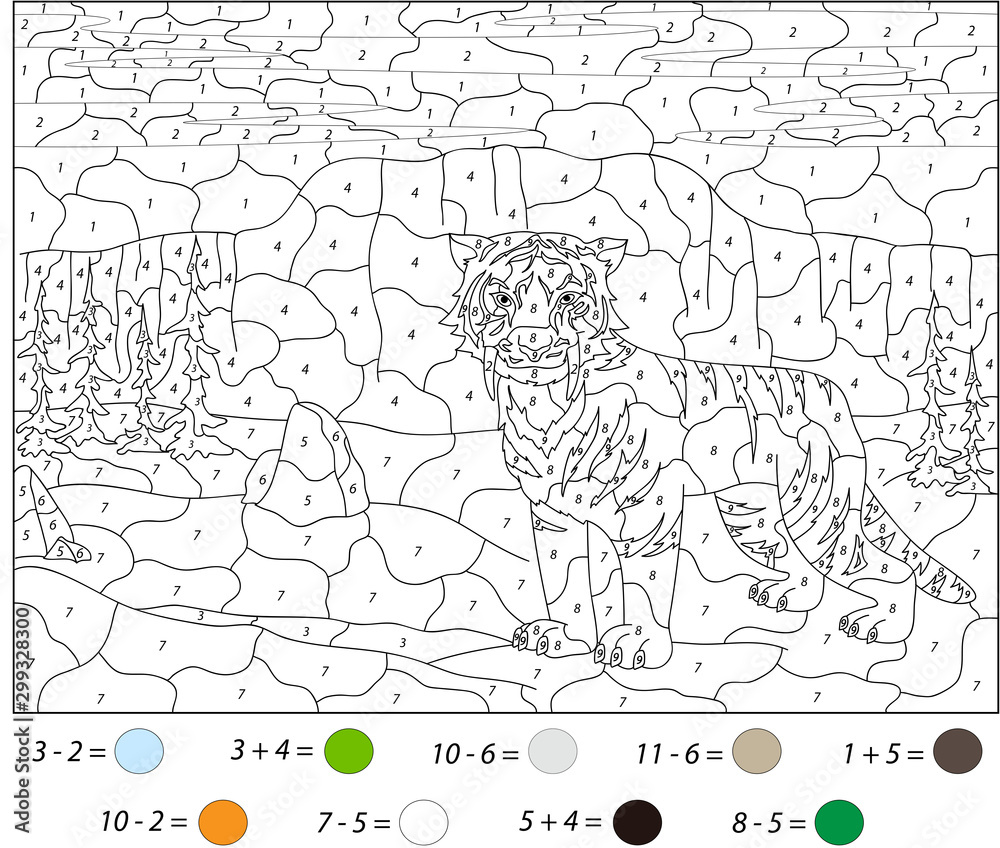 Cartoon saber-toothed tiger. Addition and subtraction tasks. Color by ...