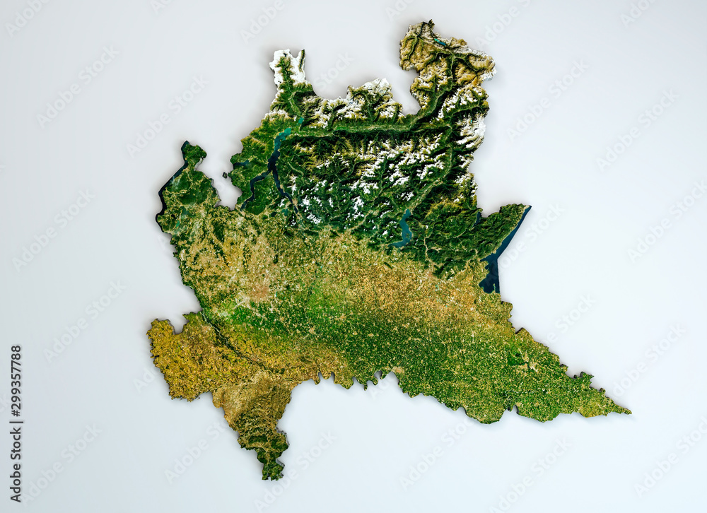 Satellite view of the Lombardy region. Italy. 3d render. Physical map ...