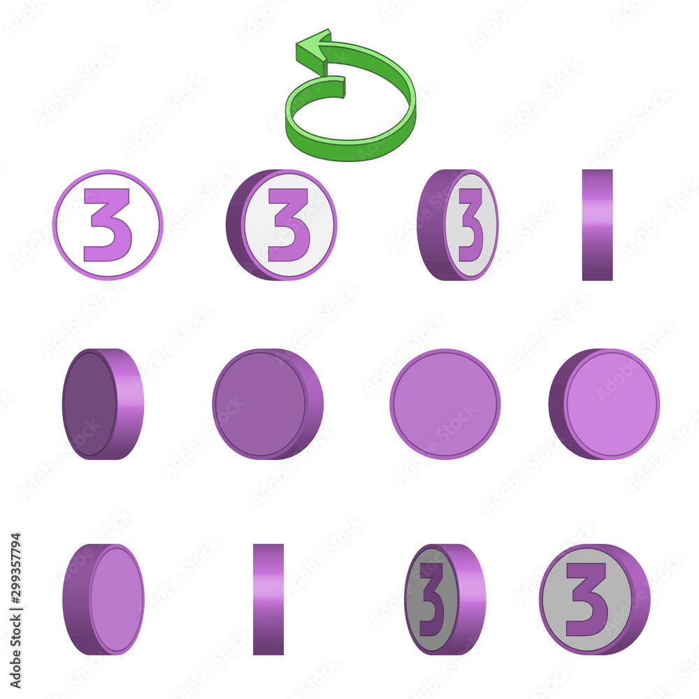 Number 3 in circle rotation sequence sprite sheet on white background ...
