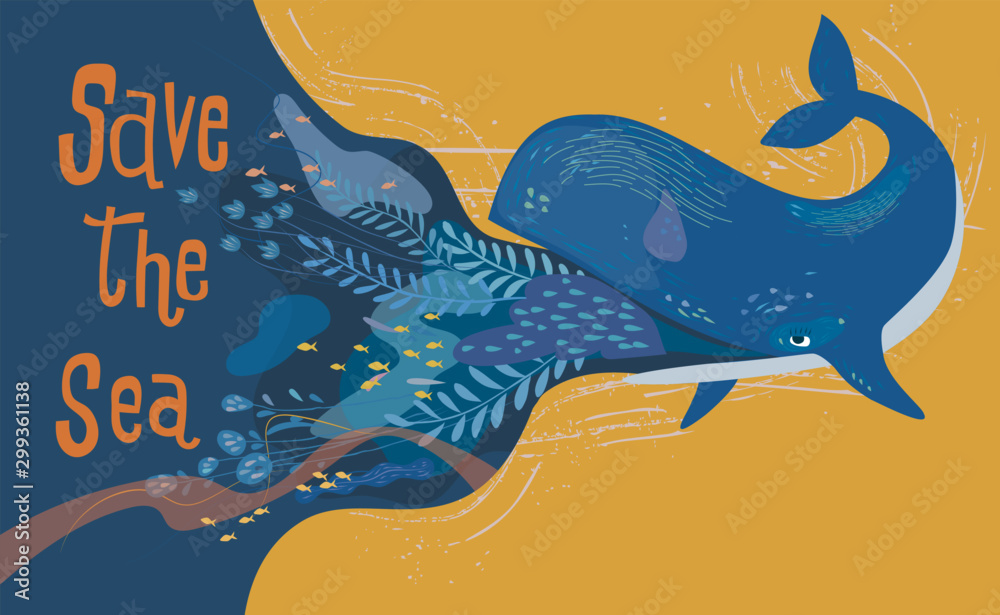 Design elements of whale and undersea plants with the letter Save the ...