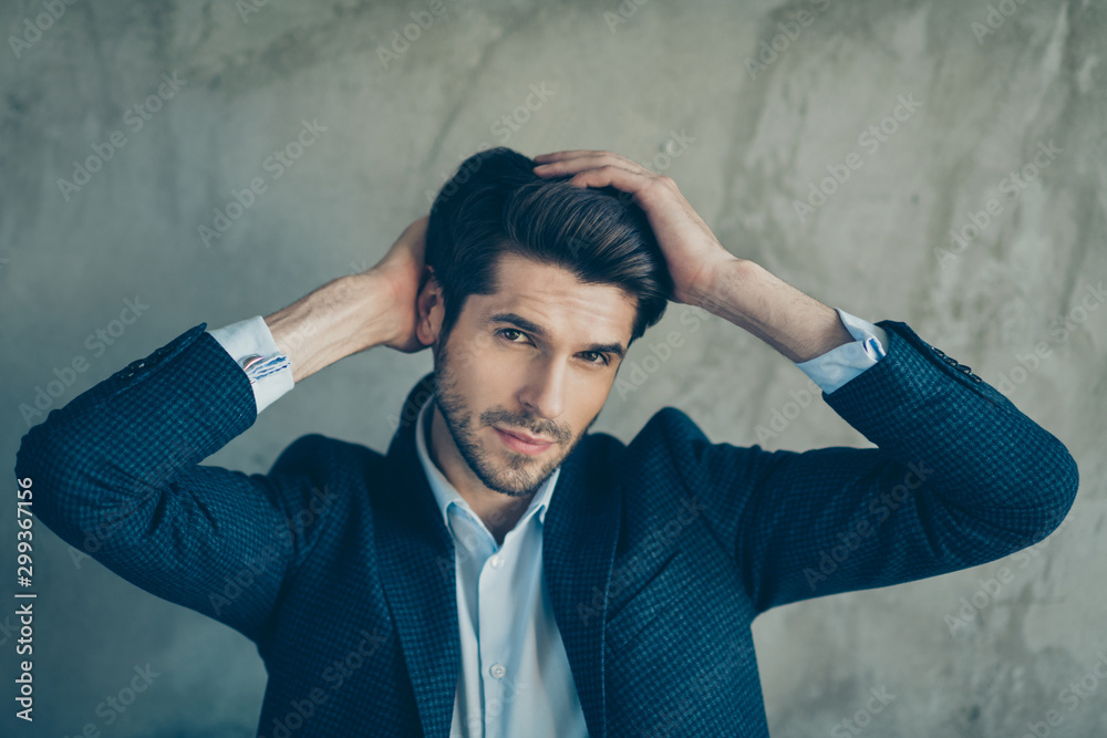 I am gorgeous. Close up photo of charming classy entrepreneur visit ...