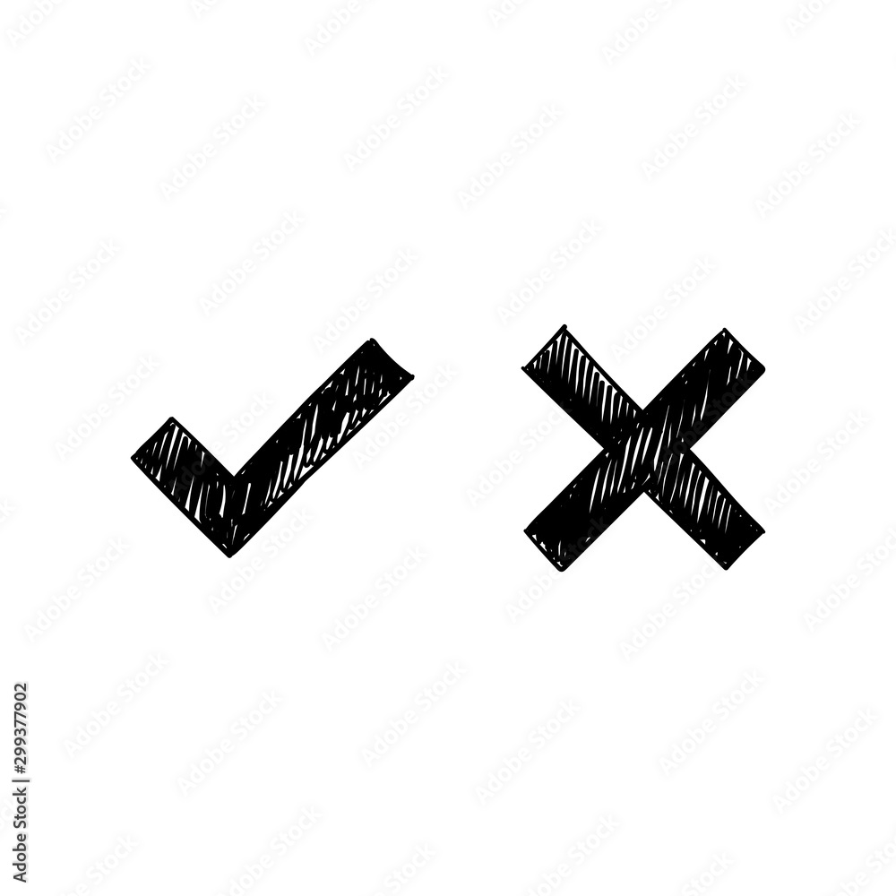Checkmark icon doodles. Approval tick and wrong X cross. Hand drawn check mark symbols. Stock ...