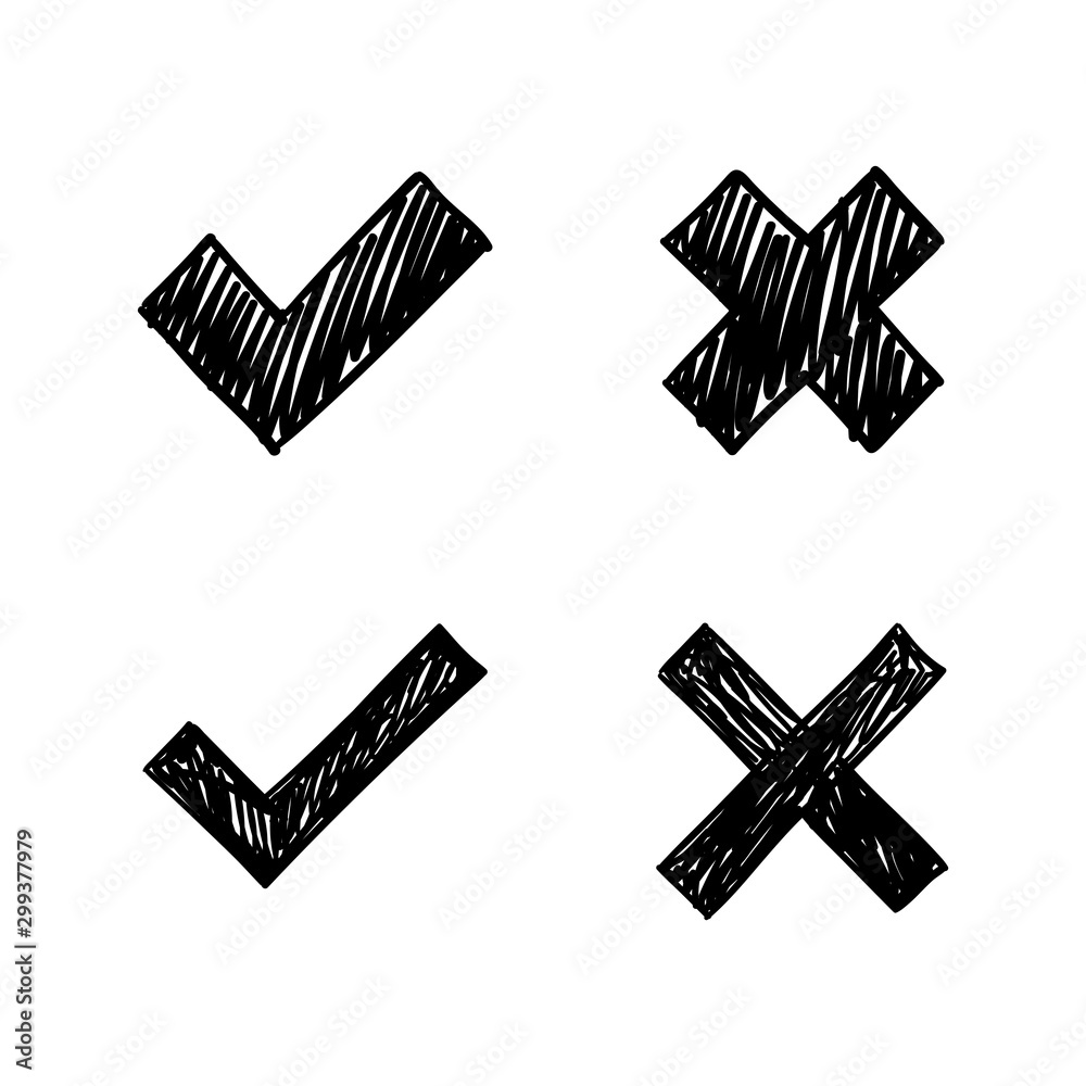 Checkmark icon doodles. Approval tick and wrong X cross. Hand drawn check mark symbols. Stock ...