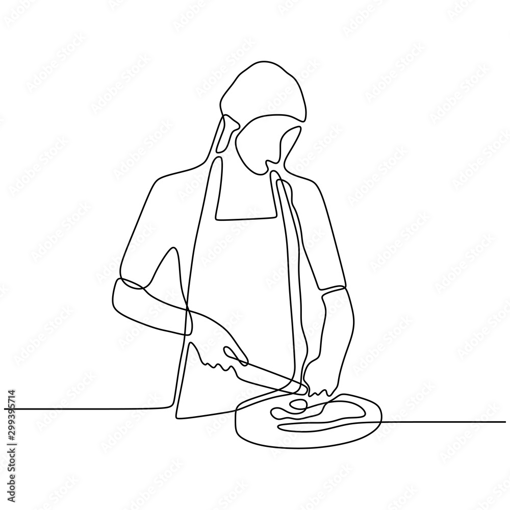 Woman enjoy making foods. Girl cooking food continuous one line drawing ...