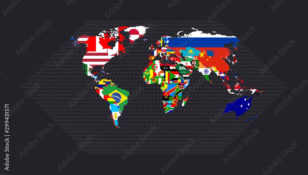 World map with all countries and their flags. Eckert IV projection. Map ...