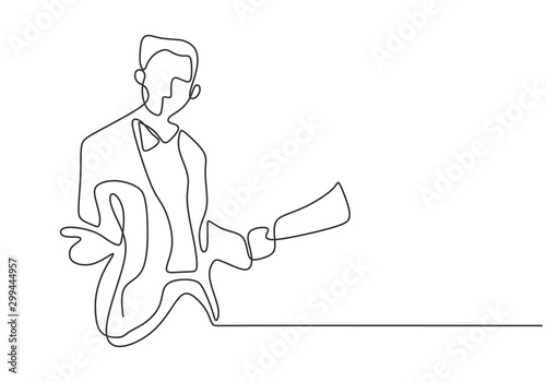 Continuous one line drawing of man standing giving a speech with a ...