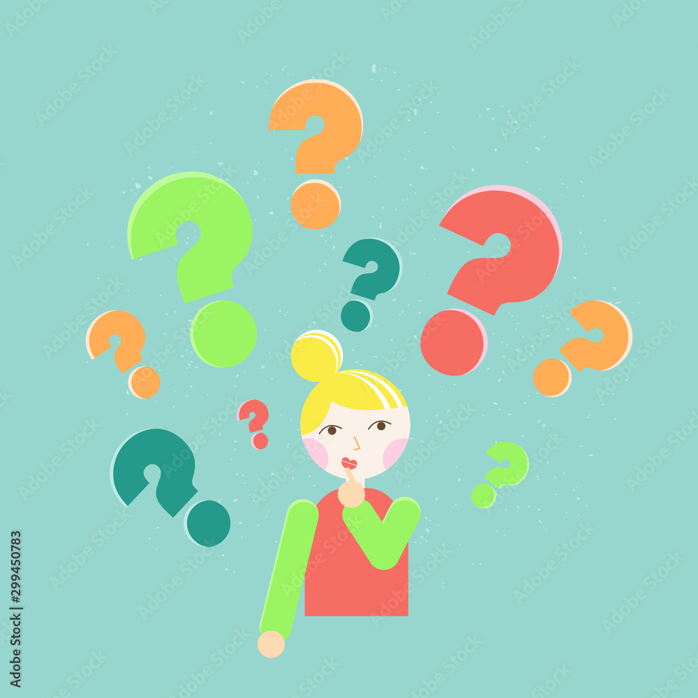 Vector woman with question marks. Cartoon style Stock Vector | Adobe Stock