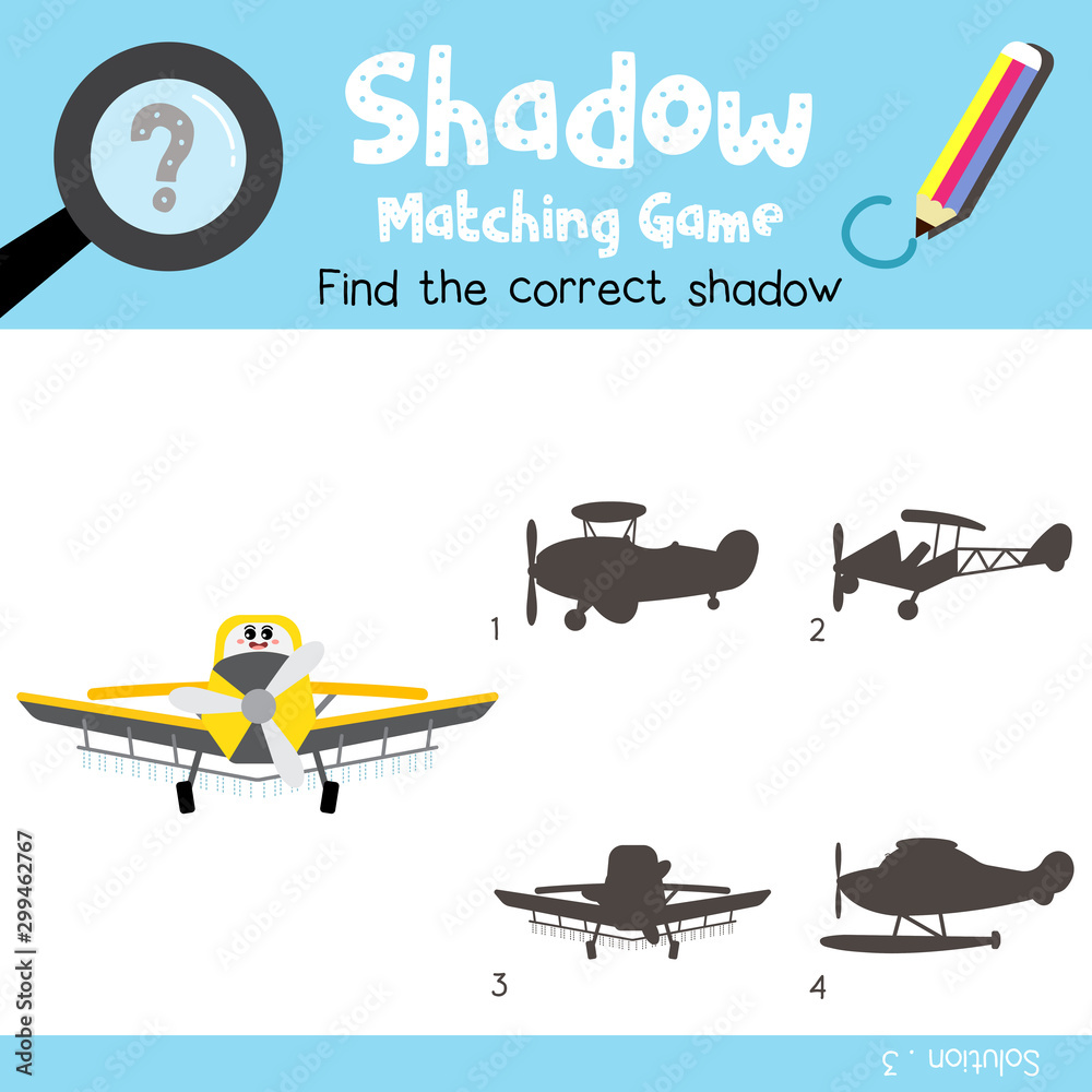 Shadow matching game Crop Duster cartoon character side view vector ...