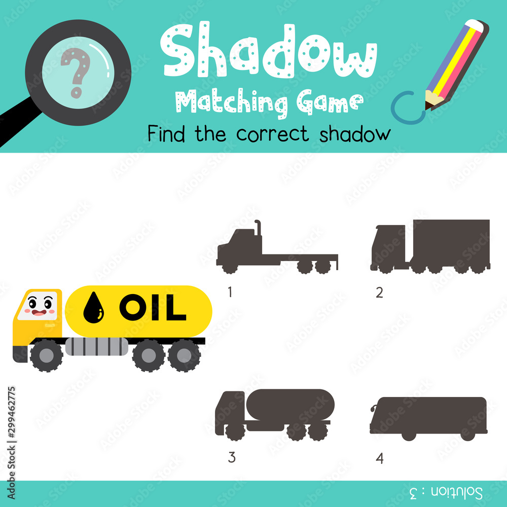 Shadow matching game Oil Tanker Truck cartoon character side view ...