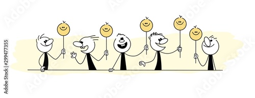 Doodle stick figure: Cartoon people holding smiley face symbol. Hand ...