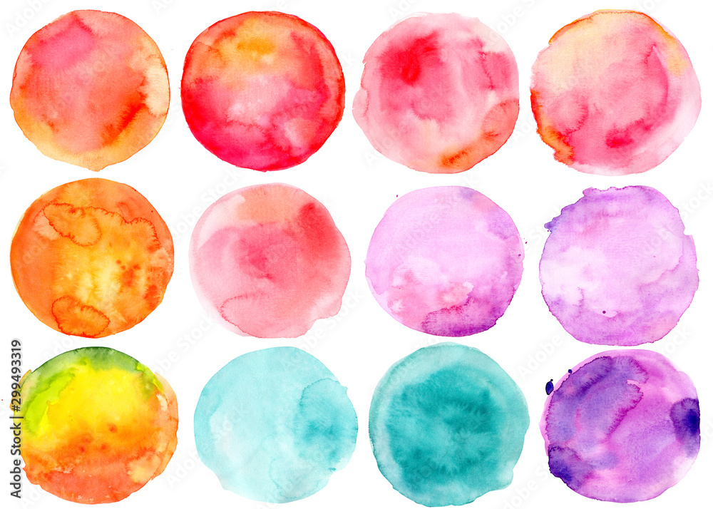 Set of watercolor colorful drops on an isolated white background. Hand ...