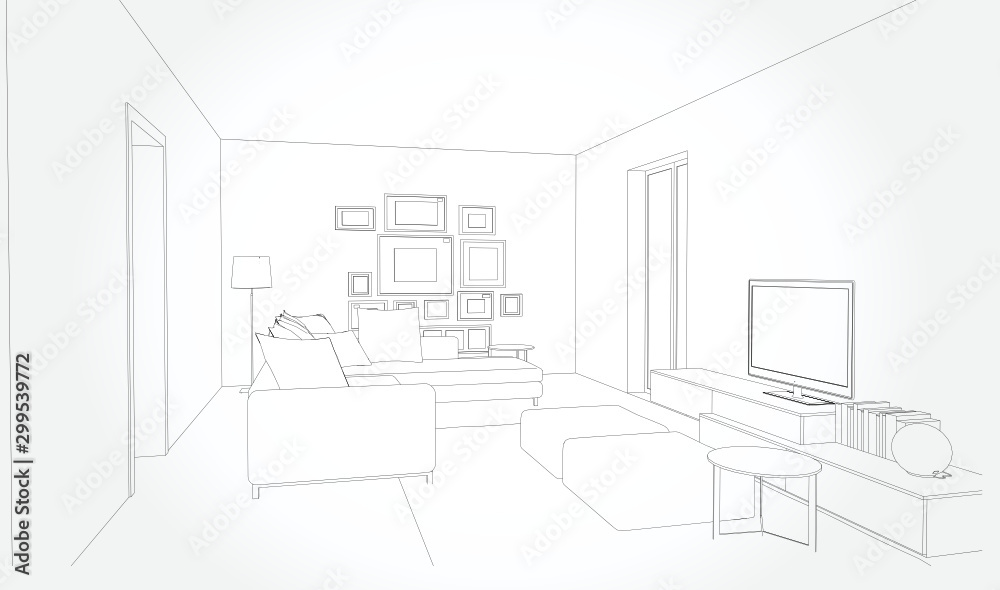 Linear sketch of an interior. Sketch Line living room . Vector ...