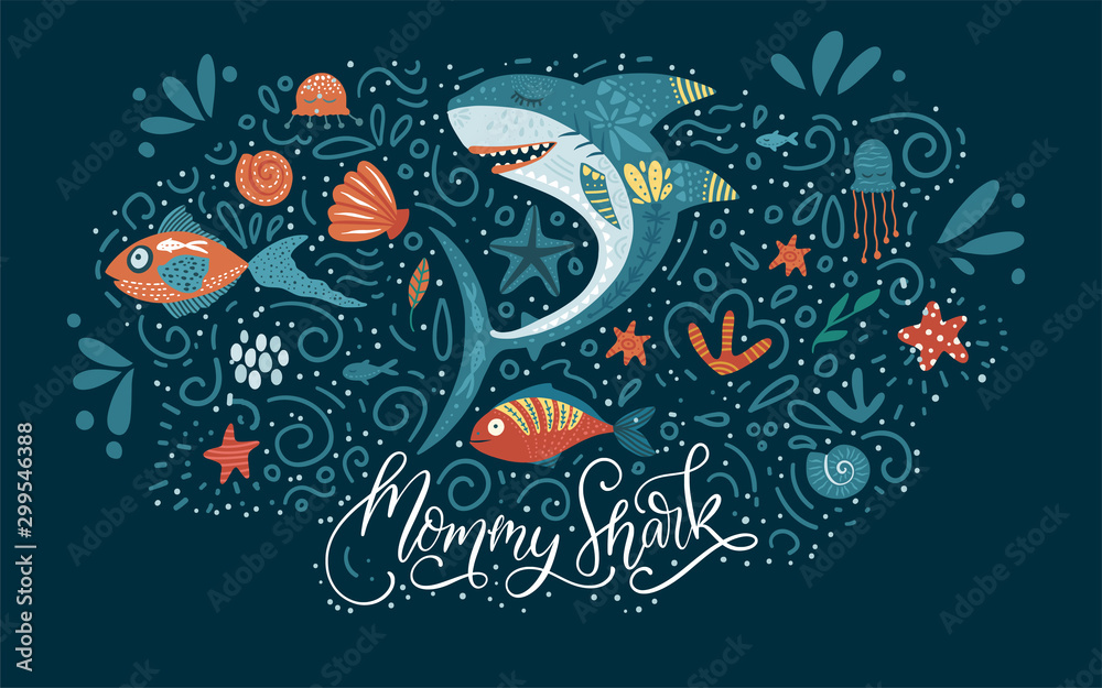 Cartoon Vector Shark Illustration. Mommy shark cute design with sea ...