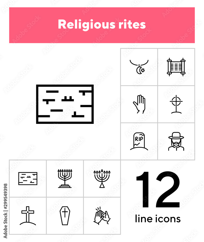 Religious rites line icon set. Cemetery, menorah, rabbi. Religion ...