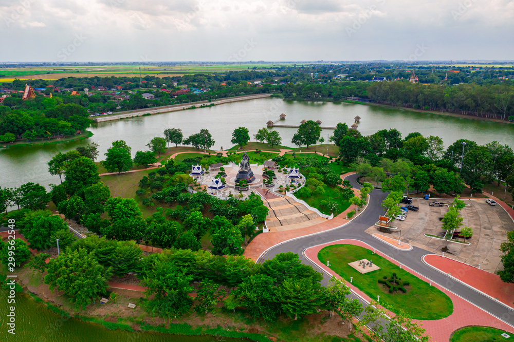 Aerial view of Queen Suriyothai statue monument at Thung Makham Yong ...