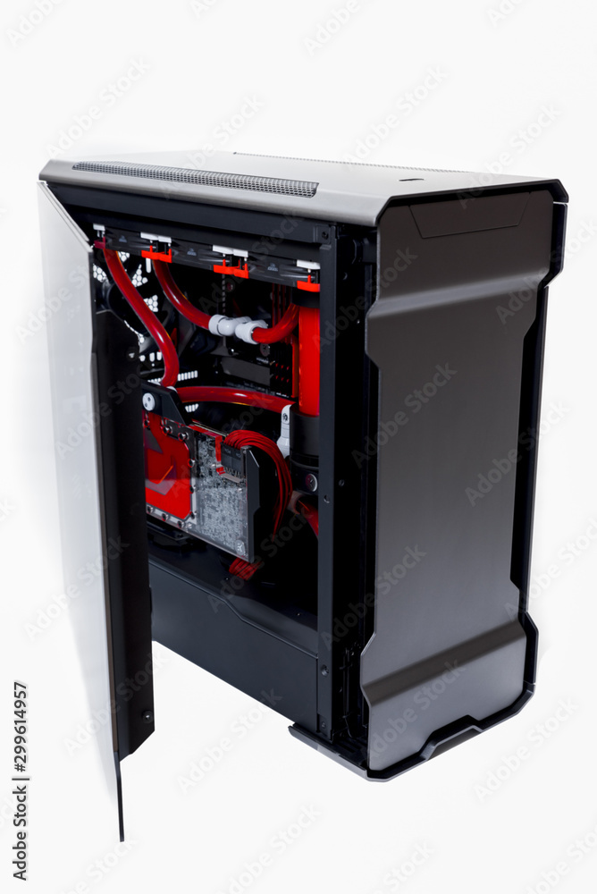 Open computer with water cooling system, processor, graphics card ...