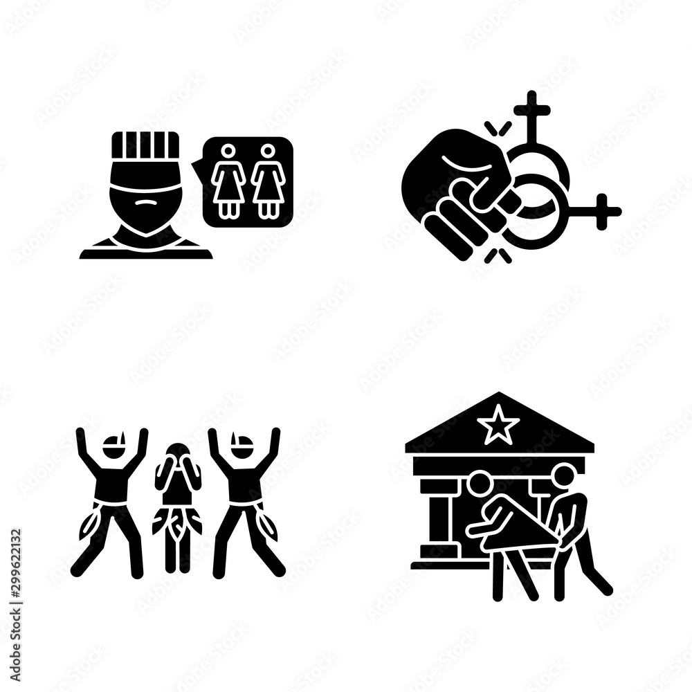 Corrective rape glyph icons set. Silhouette symbols. Violence and sex ...