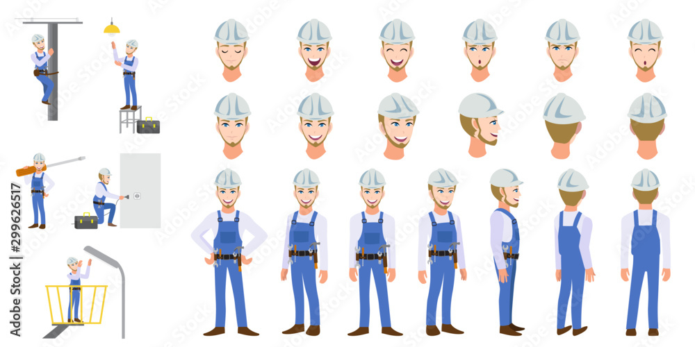 Electrician Technician worker cartoon character head set and animation ...
