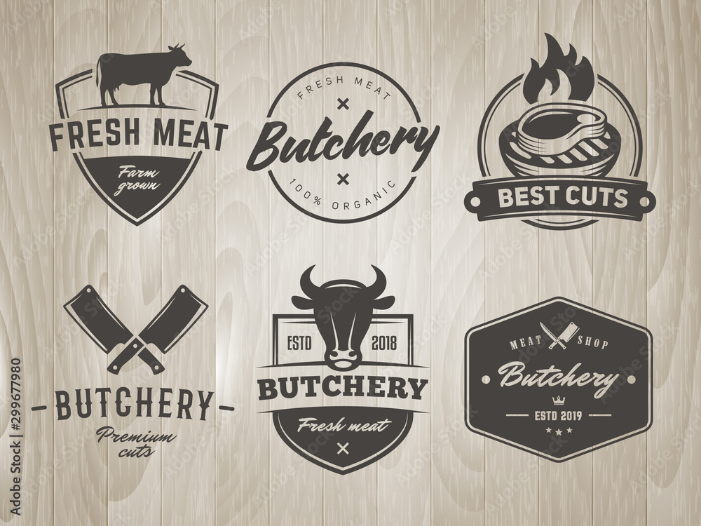 Butchery labels and logos. Vector BBQ, grill, meat, barbecue, steak ...