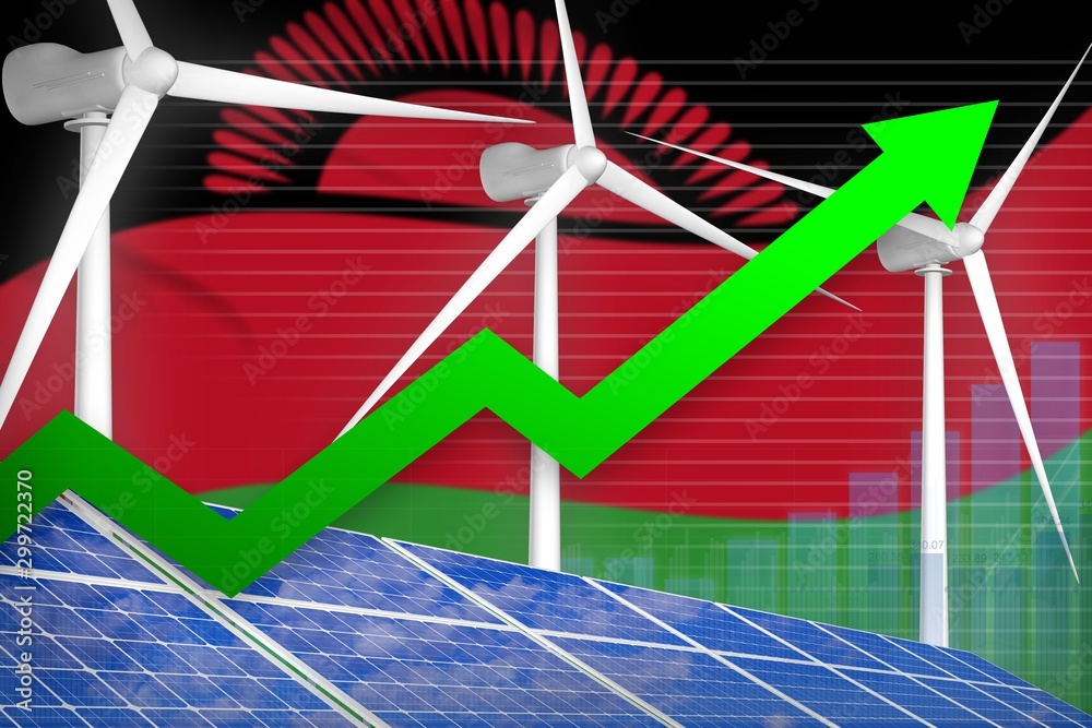 Malawi solar and wind energy rising chart, arrow up - modern natural ...