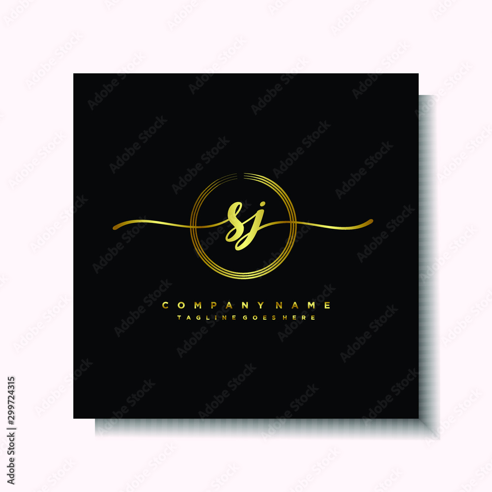 Initial SJ Handwriting logo brush circle template is gold color ...