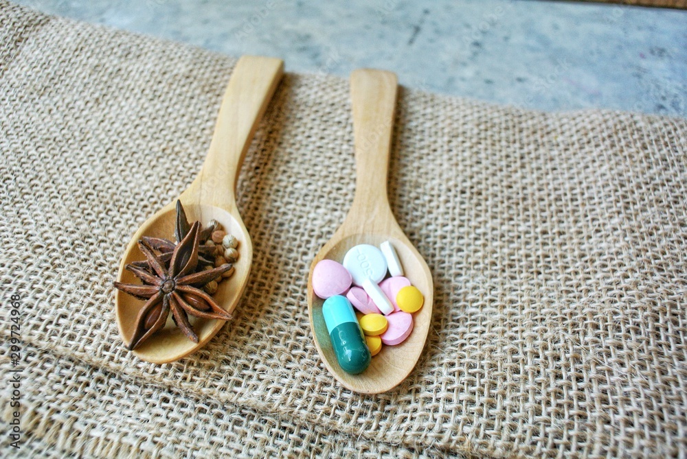 Tablets on a sackcloth background.Paracetamol, Antibiotics ...