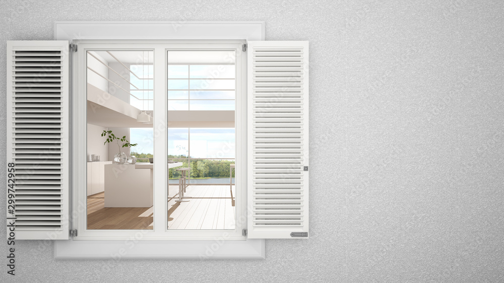 Exterior plaster wall with white window with shutters, showing interior ...