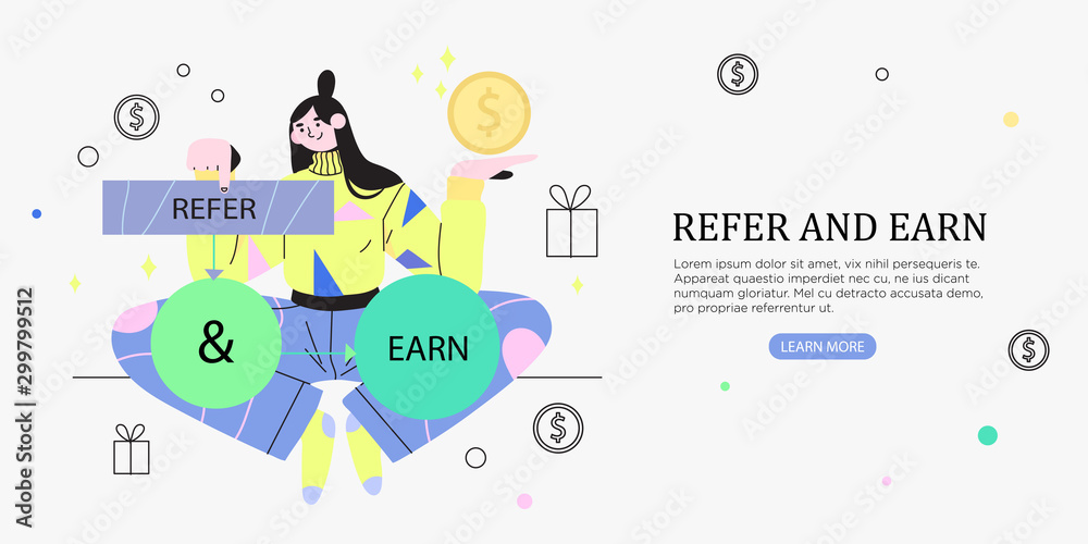 Vector illustration of a sitting girl with referral marketing scheme or ...