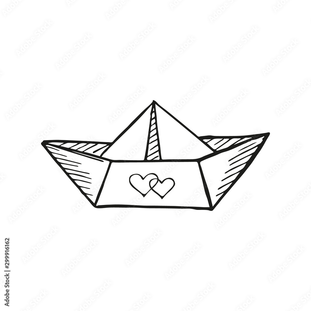 Single hand drawn paper boat with two hearts. In doodle style, black ...