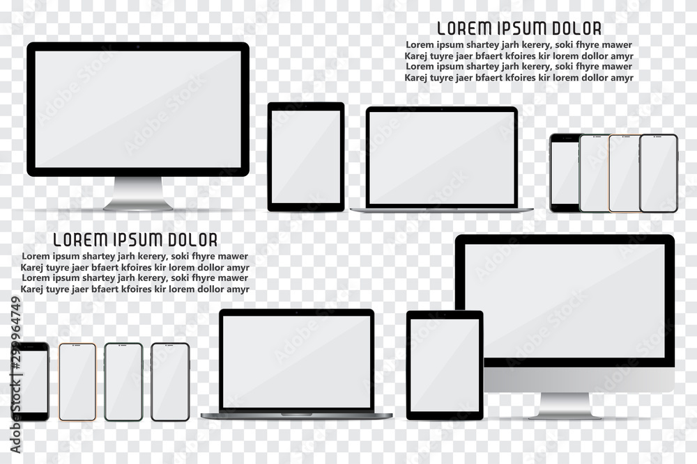 Set of computer monitor, laptop, smartphone and tablet with empty ...