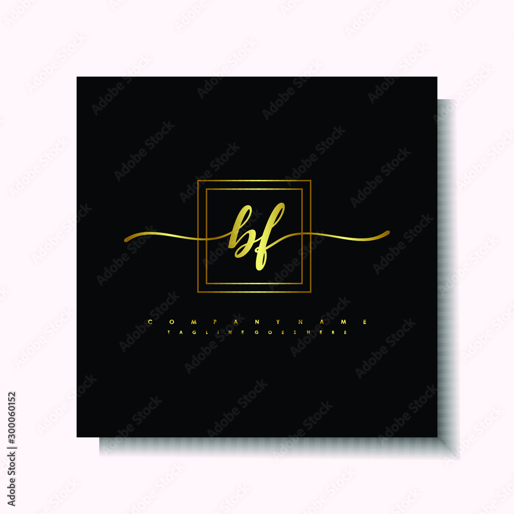 Letter handwriting B, BF. in the box line gold colored, black ...