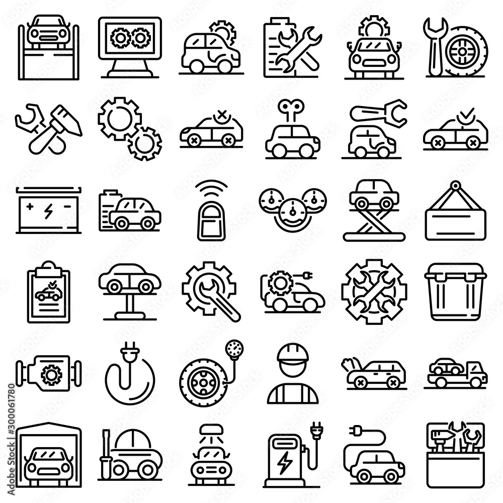 Electric vehicle repair icons set. Outline set of electric vehicle ...