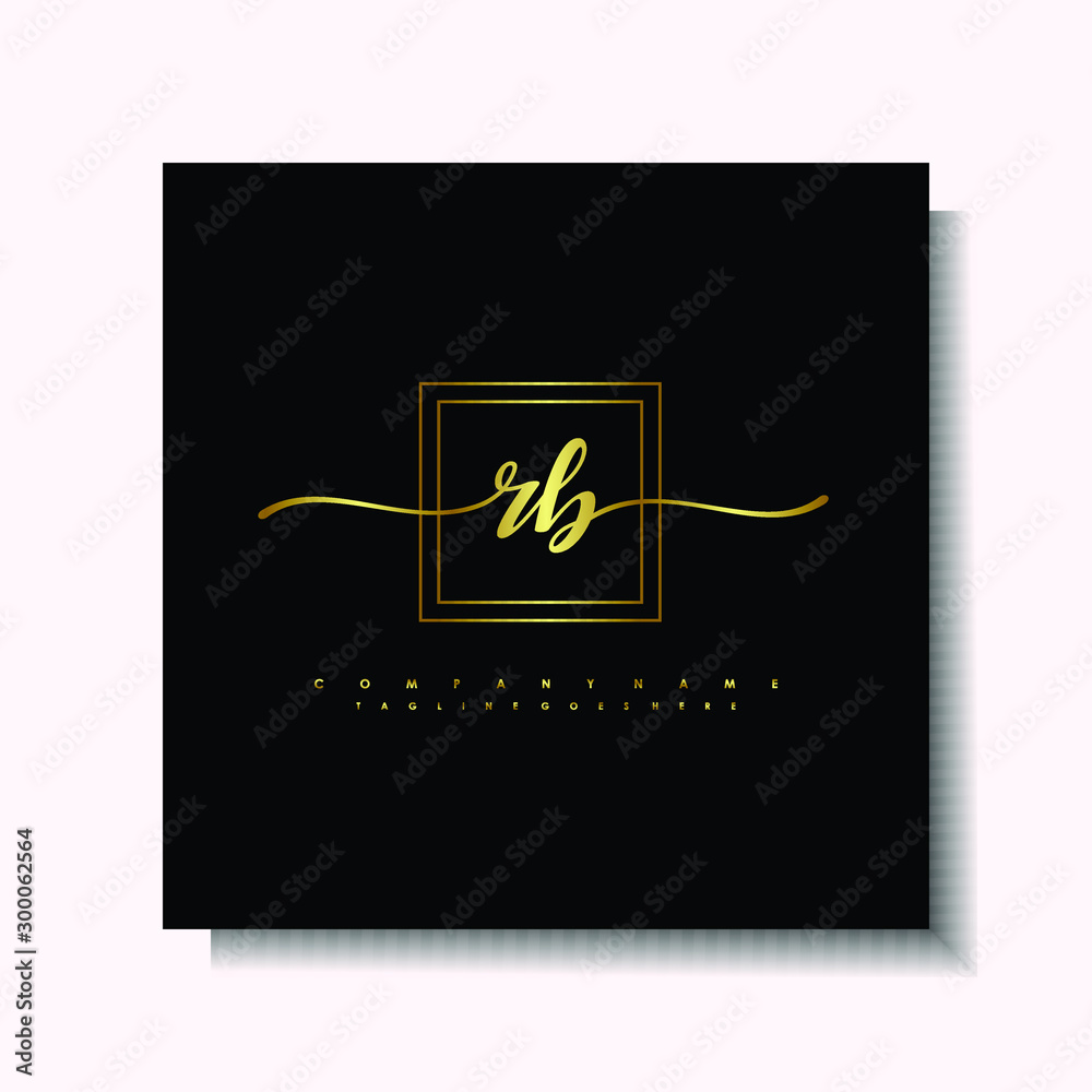 Letter handwriting R, RB in the box line gold colored, black background ...