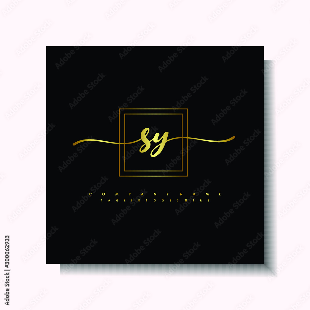 Letter handwriting S, SY in the box line gold colored, black background ...