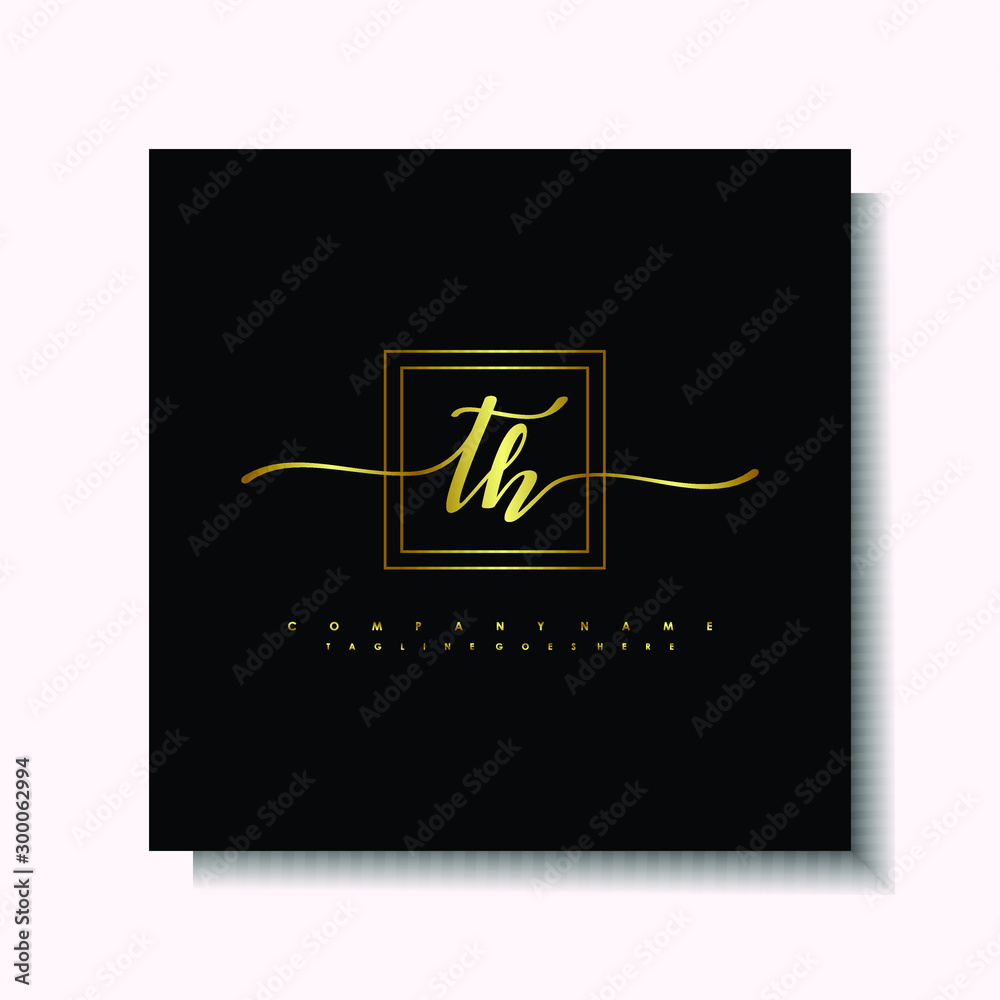 Letter handwriting T, TH. in the box line gold colored, black ...