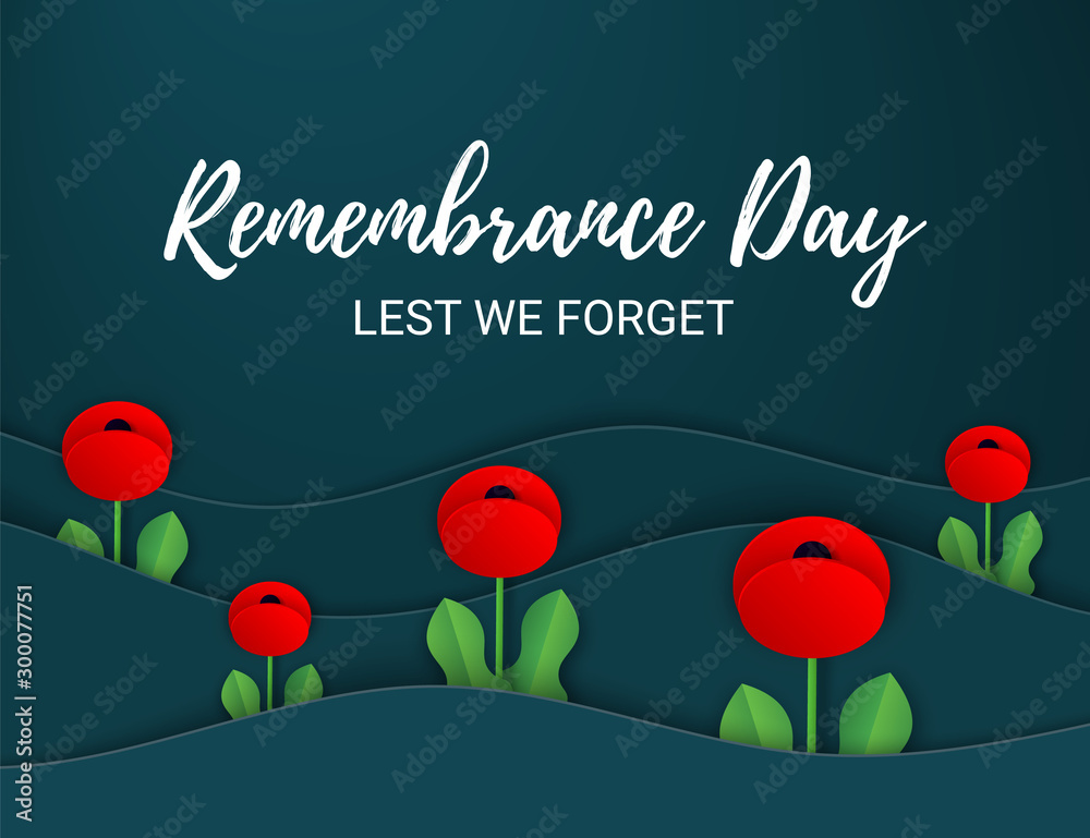 Vector Lest We Forget. Craft Red Poppies Field Remembrance Day banner ...