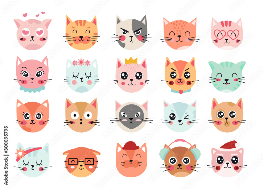 Cute cats faces. Cat heads emoticons, kitten face expressions. Happy ...