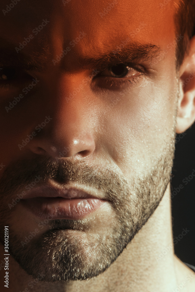 Strong stripped muscle male model in white underwear on black isolated ...